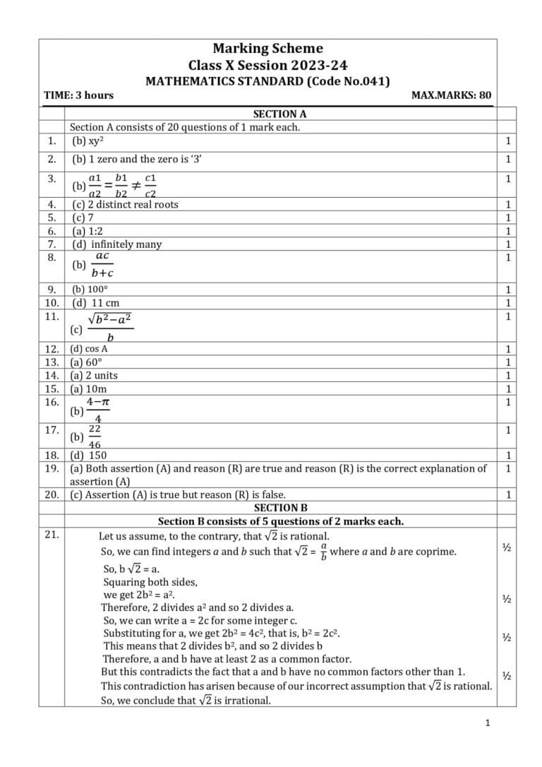 CBSE Class 10 Maths Sample Question Paper 2023 24 With Solutions CBSE