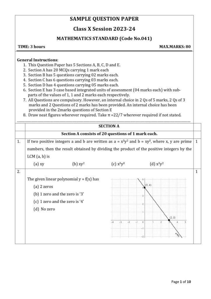 CBSE Class 10 Maths Sample Question Paper 2023 24 With Solutions CBSE